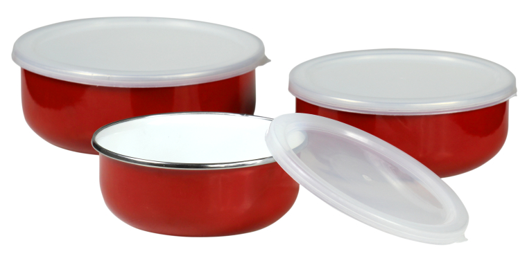 Set of enamel containers with plastic lids